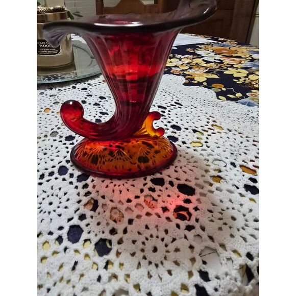 Fenton | Accents | Vtg Fenton Ruby Red Cornucopia Horn W Orange Base ...